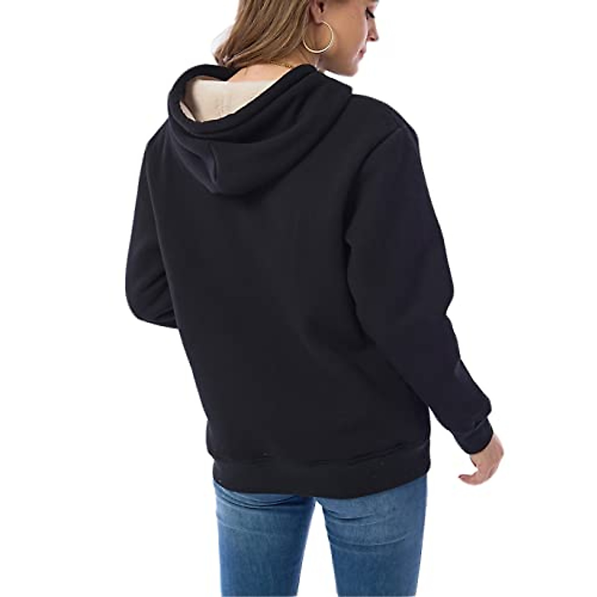 Haellun Womens Casual Winter Warm Fleece Sherpa Lined Pullover Hooded Sweatshirt (Black, Large)