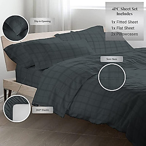 Pizuna Cotton Sheets Queen Size, 300 Thread Count Long Staple Cotton Soft Sateen Sheets Queen with 15inch Deep Pocket (Combed Checks Luxury Anthracite Grey Cotton Sheets Queen)