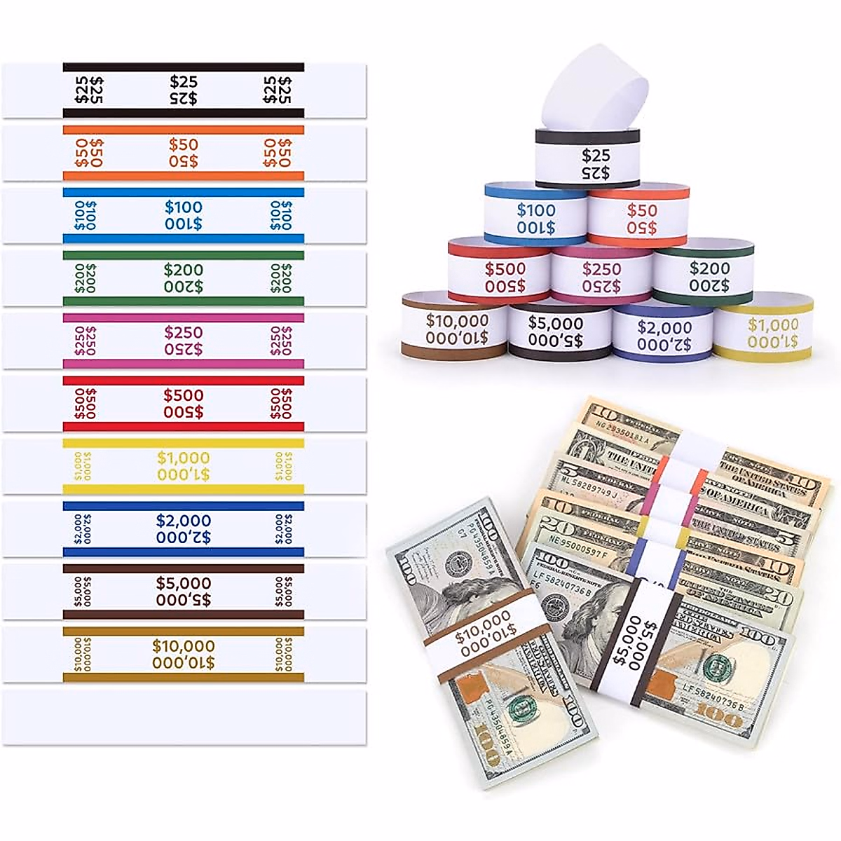 Money Bands for Cash 600-PCS Self Adhesive Wrappers for Bills, Currency Sleeves for Prop Money with One White Pen(50 of Each-600 Assorted)