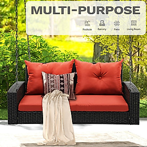 DWVO 2-Seats Wicker Hanging Porch Swing Chair Outdoor Black Rattan Patio Swing Lounge w/ 2 Back Cushions Capacity 530lbs for Garden, Balcony, Living Room, Red