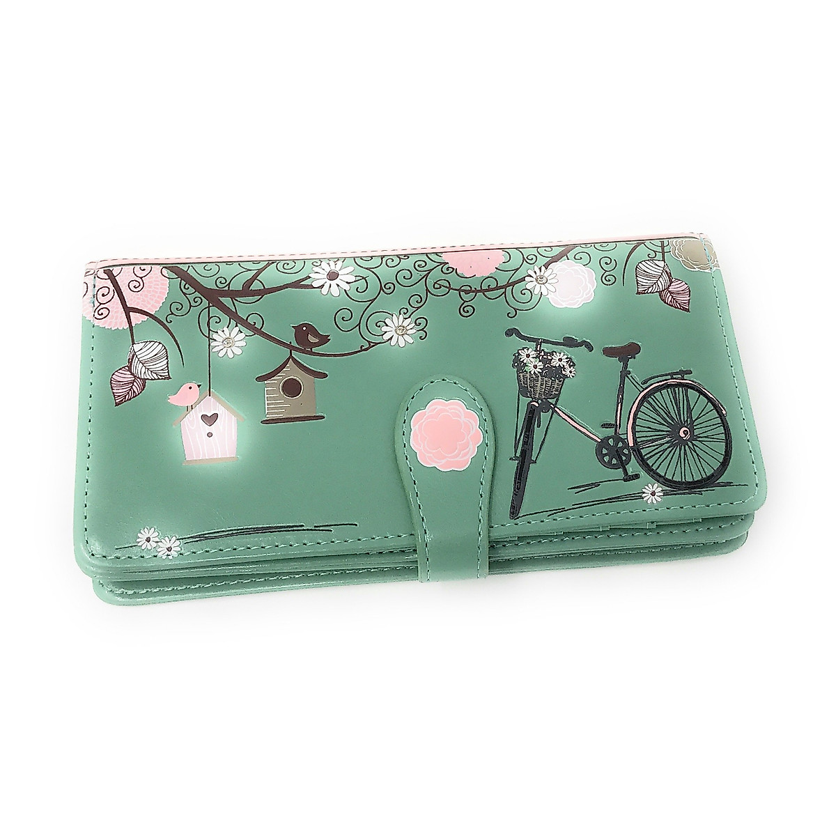 Shag Wear Vintage Postcard Floral Bicycle Large Wallet for Women and Teen Girls Vegan Faux Leather Teal 7"