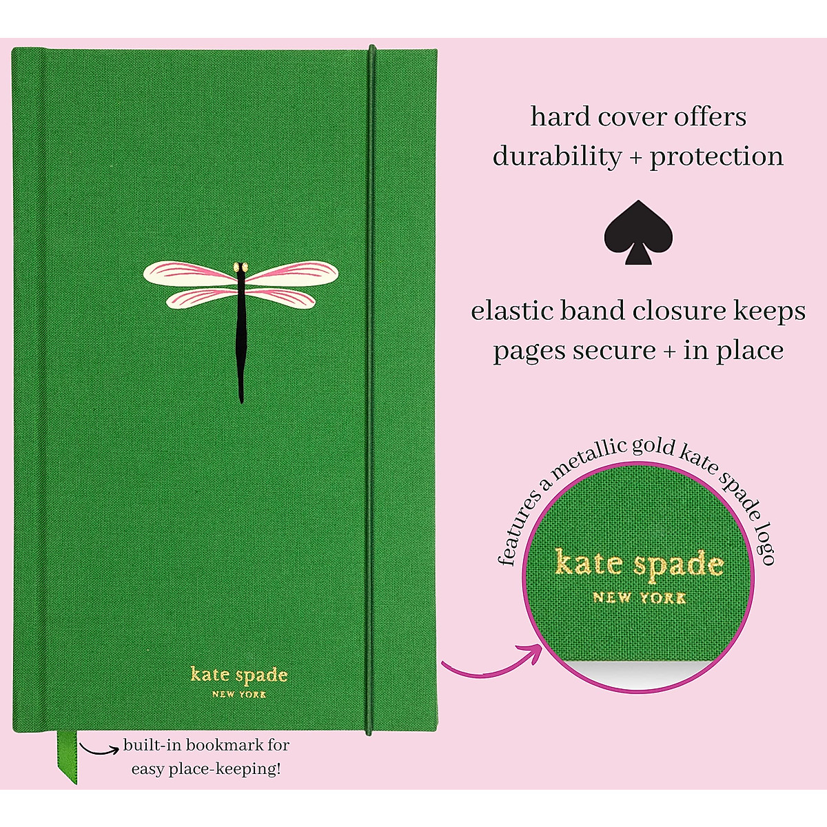 Kate Spade New York Take Note Large Notebook Journal, Green Cloth Hardcover Journal, Diary Includes 168 Lined Pages, Dragonfly Flight