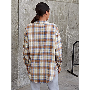 MakeMeChic Women's Plaid Shirts Oversized Flannels Shacket Jacket Multi Camel Large