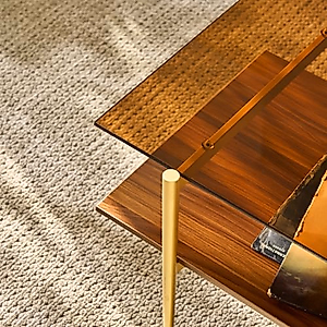 Saint Mossi Tadio Double Layer Glass Coffee Table for Living Room, Brown Glass & Coffee Brown MDF Bottom Shelf