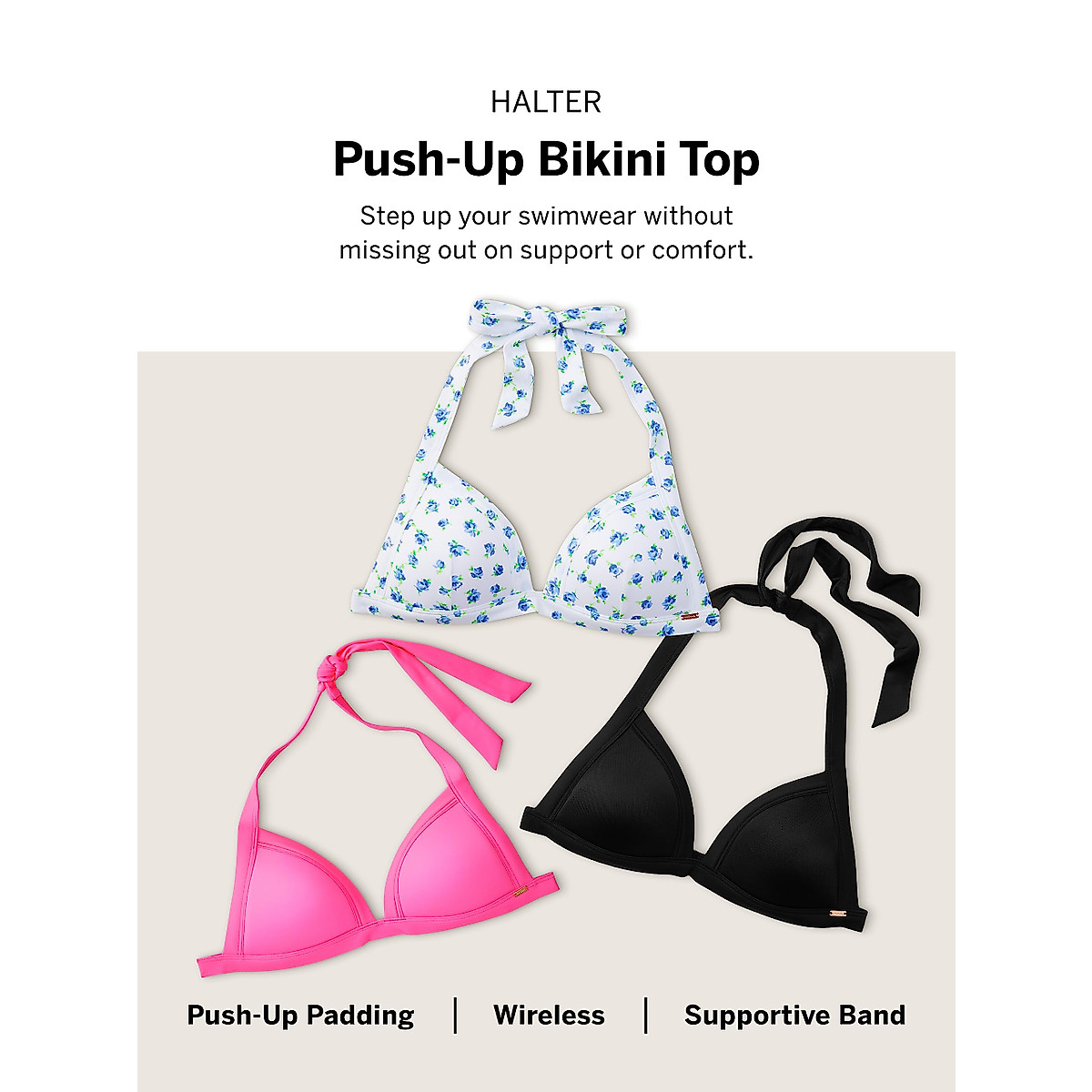 Victoria's Secret Pink Push Up Triangle Bikini Top, Wireless, Womens Swimsuit Top, Pure Black (XXL)