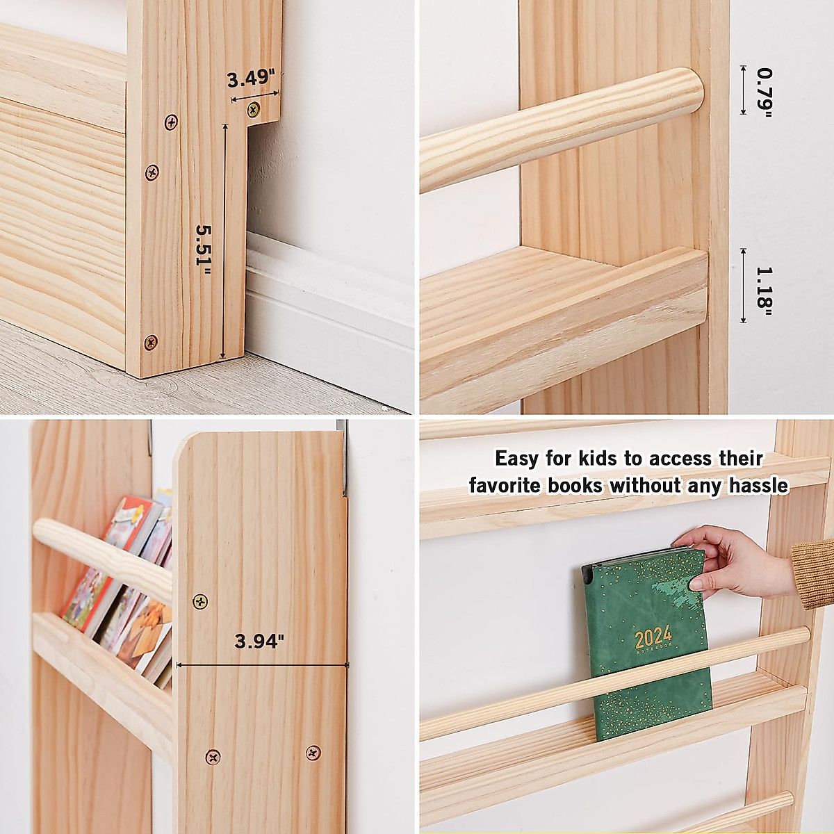 SweetBin Kids Bookshelf 4-Tier - Space-Saving Behind The Door Storage Shelf - Pine Wood Thin Bookshelf 4 Shelves Wall Mounted - Suitable for Children's Books in Bedroom, Living Room and Nursery