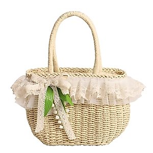 GK-O Mori Girls Handmade Straw Bag Handbag Basket Woven Bag Sweet Knit Lolita Lace Bag Summer Rattan bag (White)