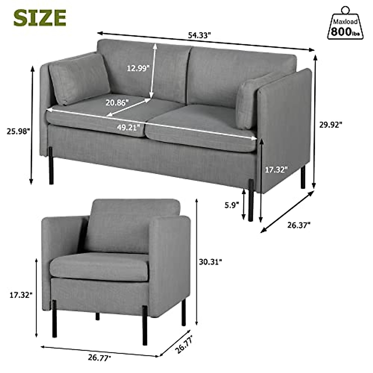 Living Room Sofa Set of 3, Modern Loveseat Couch & Comfy Accent Arm Chair w/Pillows, Metal Legs, Upholstered Love Seats Furniture for Bedroom, Office, Small Space, Apartment Grey 3PCS, (183)