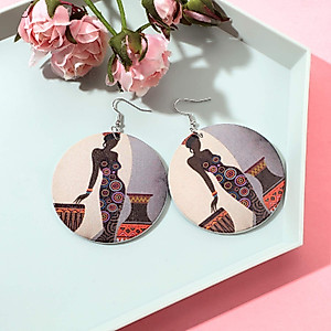 12 Pairs African Map Women Earrings Round Natural Wooden Painted Earrings Ethnic Style Dangle Earring (Letter Queen)