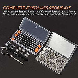 Eyeglass Repair Tools Kit, TEKPREM Glasses Screwdriver Set with Screws, Nose Pads, Phillips & Flathead Screwdrivers,Tweezer,Cleaning Cloth for Eye glasses,Sunglasses and Nose Piece Replacement