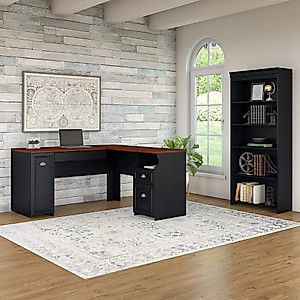 Bush Furniture Fairview L Shaped Desk and 5 Shelf Bookcase in Antique Black