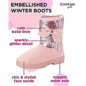 bebe Girls Winter Micro Suede Boots with Rhinestone Embellished Logo & Bow, Blush Glitter, Size 3 Little Kid