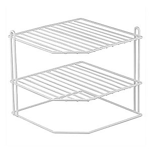 Home Basics Corner Rack, White, Vinyl Coated Steel, Rust Resistant, 2-Tier Shelf, Keeps Spices and Cups Organized, 9x9x8.5in