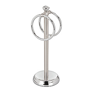 mDesign Steel Towel Rack Holder Stand with 2 Hanging Rings for Bathroom Vanity Countertops - Space Saving Hand Towel Holder - Hyde Collection - Chrome/Brushed