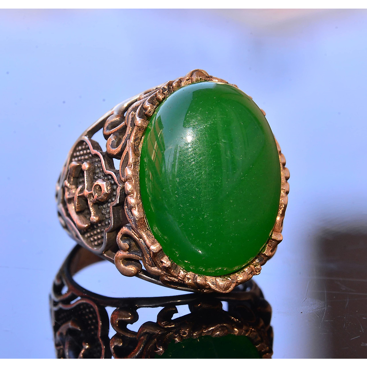 KAMBO Real Tiger Eye Gemstone Ring, Anchor Ring, Sailor Men Ring, 925 Solid Sterling Silver Ring (Jade)