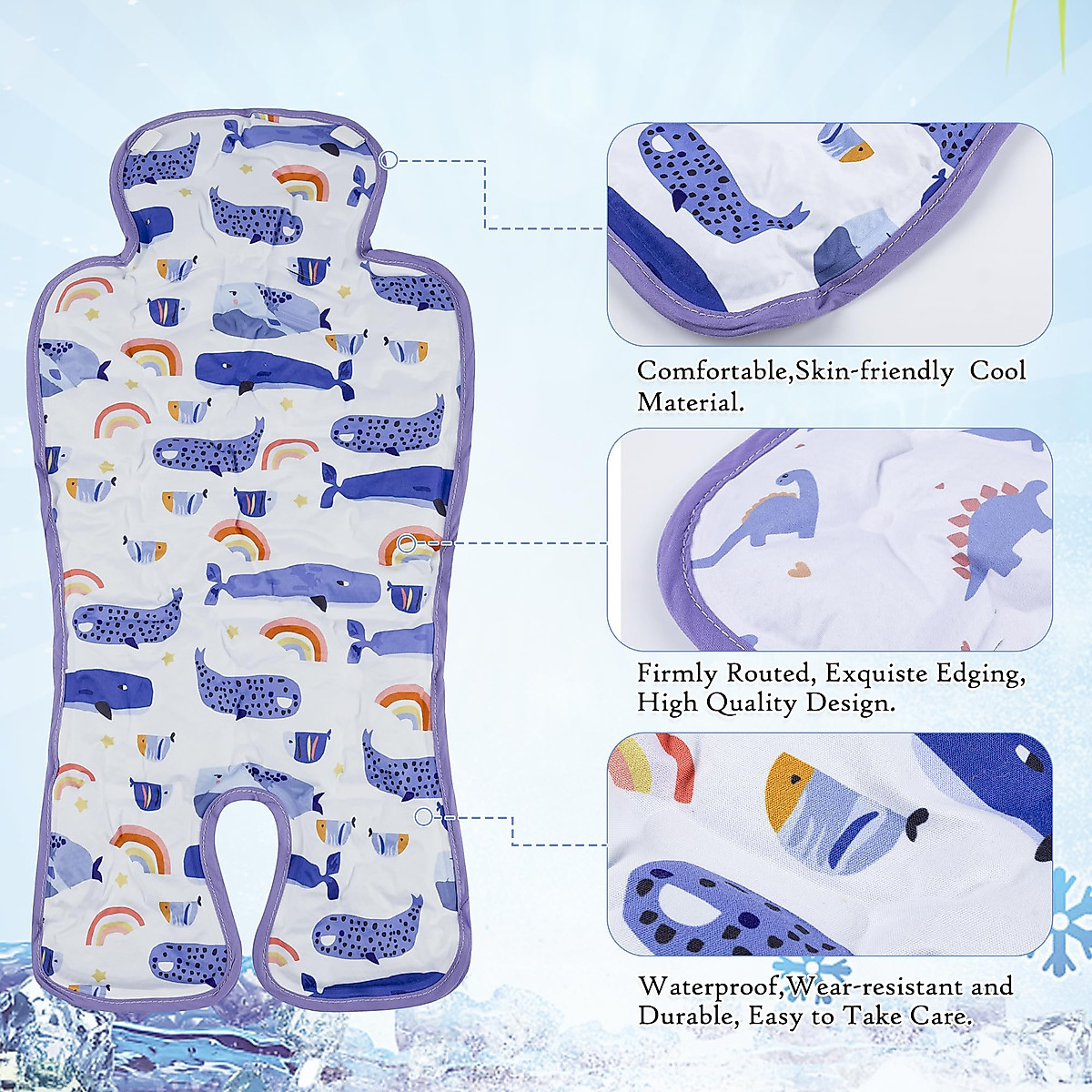 Gel Car Seat Cooler Pad,1 Pack Double Sides-Universal Baby Stroller Ice Cushion Mat,Summer cooling Seat Liner,Multifunctional Suitable for Baby Dining Chair,Child Safety Seat(Whale + Blue Dinosaur)