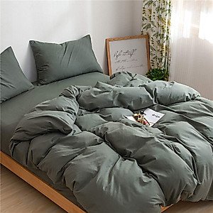 Mucalis Sage Green Duvet Cover Queen 100% Natural Washed Cotton Modern Solid Green Bedding Set with Pillowcases for Adult Girls Boys Zipper Closure Corner Ties Soft
