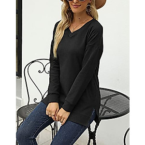 Aloodor Black Sweatshirt for Women Long Sleeve V-Neck Pullover Shirts Casual Fall/Winter Tops L