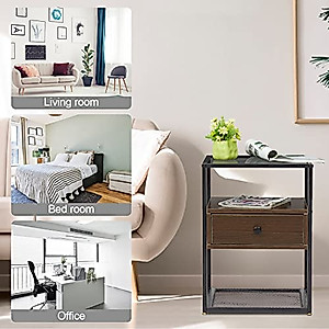 Kinfant End Table Set with Drawer - Nightstand Bedside Table with Mesh Shelf, Side Table with Glass Top for Hallway, Living Room, Bedroom, Rustic Brown and Black (2)