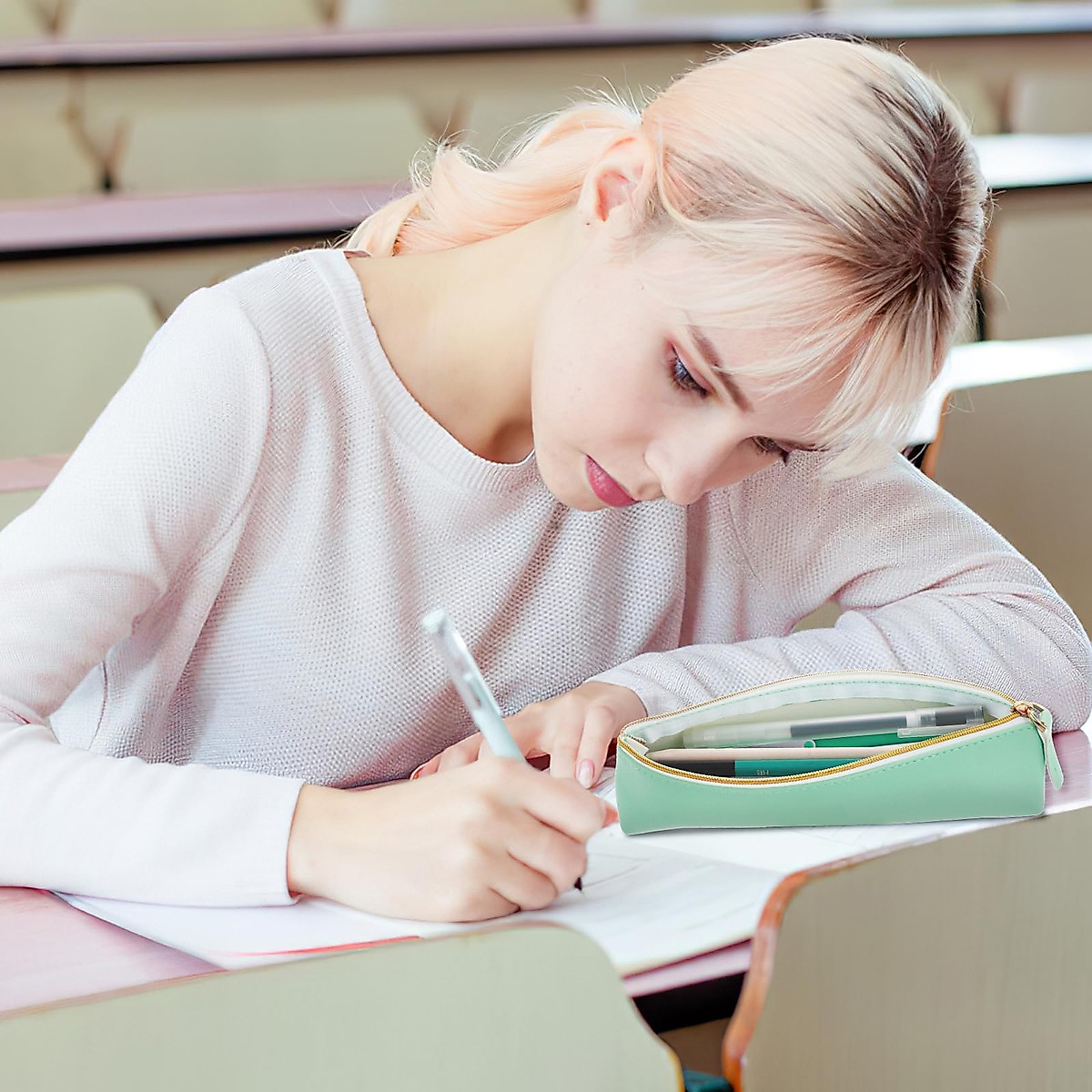 TIESOME Leather Pen Pencil Case, 2PCS Cute Slim Pen Bag Small Pencil Pouch Lovely Stationery Bag Portable Cosmetic Bag Zipper Bag for Pen Pencils Markers(Green+Pink)