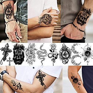 VANTATY 22 Sheets Sexy 3D Temporary Tattoos For Women Men Arm Forearm, Waterproof Fake Tattoo Stickers For Adults Realistic Tiger Lion, Halloween Skeleton Rose Flower Tatoos Warrior Anchor Compass