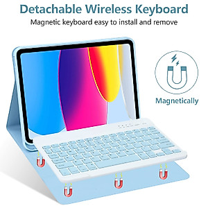BAMCOO for iPad 10th Generation Case with Keyboard 10.9 2022, Keyboard Case for iPad with Detachable Wireless Keyboard, Rechargeable Keyboard Case with Pencil Holder for iPad 10th (Blue)