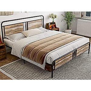 IKIFLY King Bed Frame with Industrial Wood Headboard/Footboard, Heavy Duty Metal Slats Support, Under-Bed Storage, No Box Spring Needed - Wood Brown