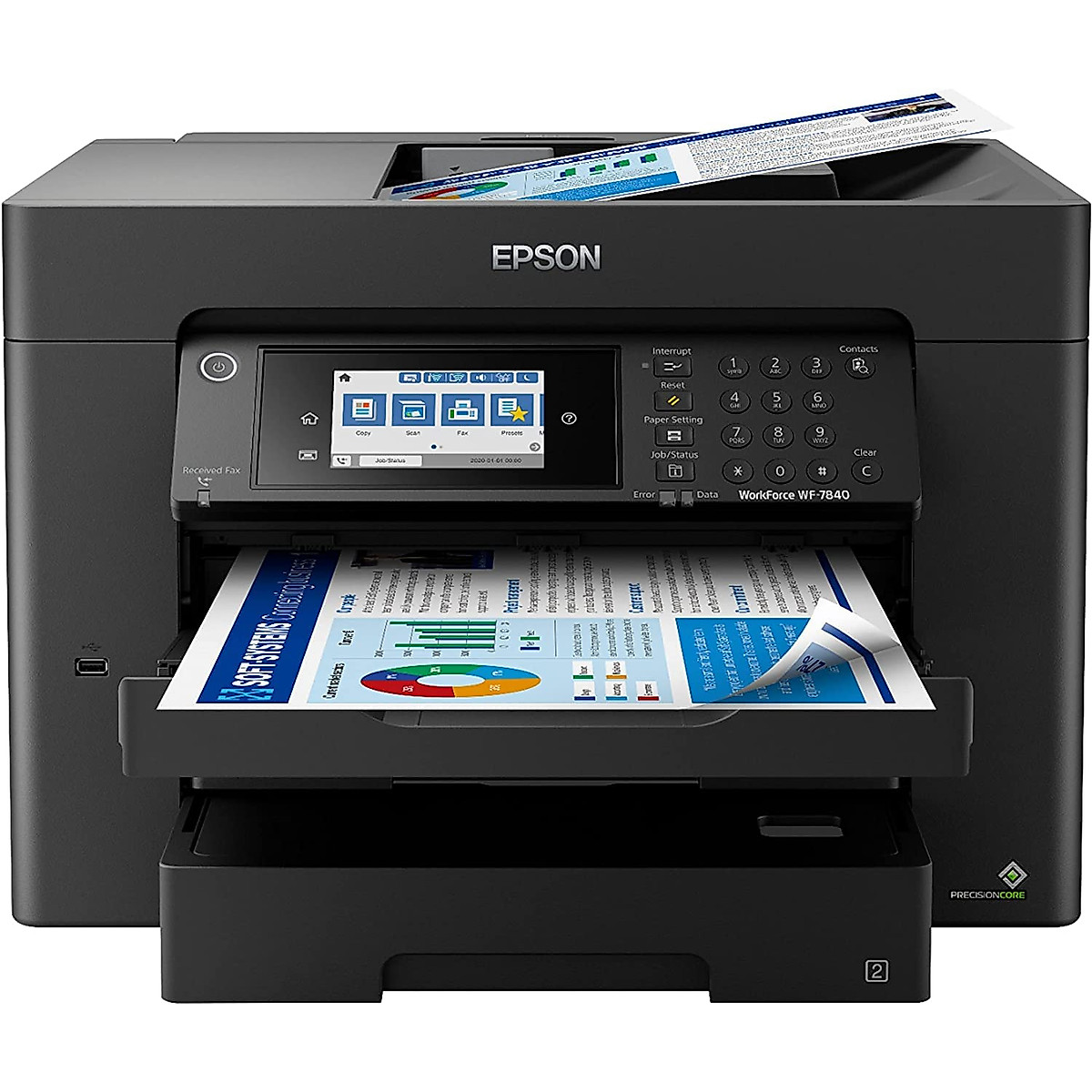 Epson Workforce Pro WF-7840 Wireless Color All-in-One Inkjet Printer - Print Scan Copy Fax - 4.3" Touchscreen LCD, 25 ppm, 4800 x 2400 dpi, Wide-Format 13" x 19", 50-Sheet ADF, Auto 2-Sided Printing