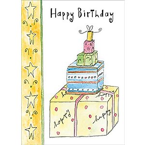 RSVP Birthday Greeting Card by Sandy Gingras: Pile of Sparkling Presents and Stars, 5" x 7"
