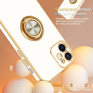 Fingic iPhone 12 Case with 360° Rotatable Ring Holder Magnetic Kickstand, Shiny Plating Gold Edge, Slim Soft TPU Shockproof Protective Cover for Women, Men, White