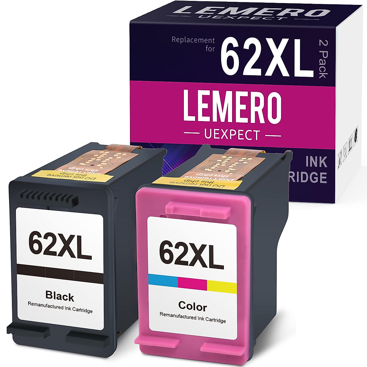 LemeroUexpect 62XL Remanufactured Ink Cartridge Replacement for HP 62XL 62 XL C2P05AN for Envy 5660 7640 5540 7645 5661 5643 OfficeJet 5740 5745 Printer Black Color, 2P