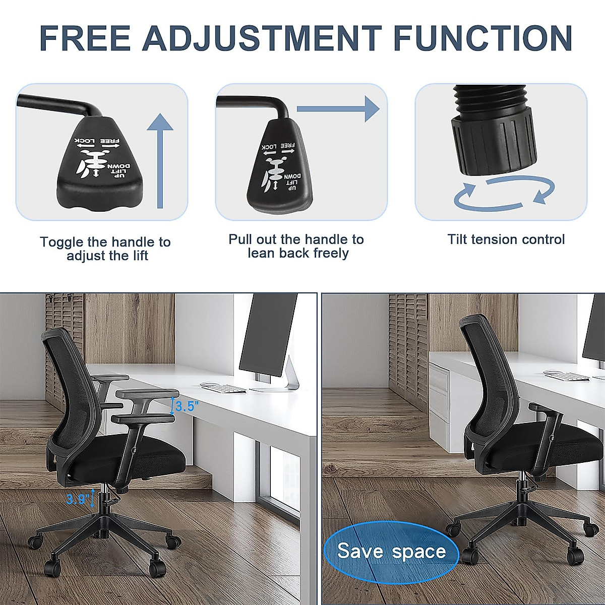 Schwake Ergonomic Office Chair Home Mesh Desk Chair with Adjustable Arms - Mid Back Computer Chairs for Adults - Swivel Task Chair Comfortable for Home Office (Black)