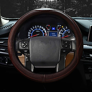 Valleycomfy Steering Wheel Covers Universal 15.75 inch - Genuine Leather, Breathable, Anti Slip & Odor Free (Coffee, L(15" 1/2-16"))