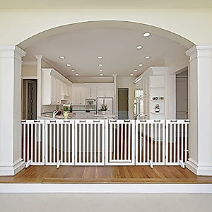 Arf Pets Freestanding Dog Gate with Door, 6 Panel 360° configurable Wooden Fence, 120" Wide, 31.5" Tall, Foldable, Four Support Feet Included, for The House - Indoor Use