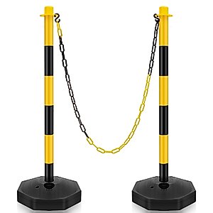 Traffic Delineator Post Cone, Plastic Stanchion Post Set Crowd Control Stands Barrier with 6.6 ft Link Chain and S Hooks for Parking Lot Construction Caution Roads, Yellow, Black (2 Sets)