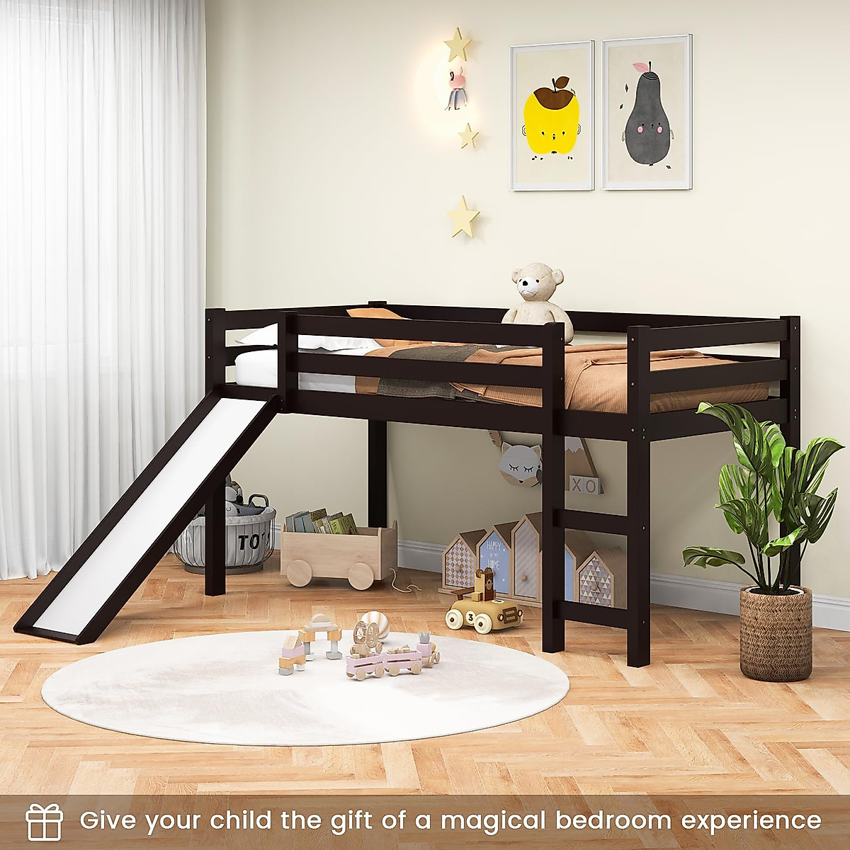 NAFORT Twin Loft Bed with Slide, Low Loft Bed with Stairs, Solid Wood Twin Loft Bed Frame for Girls Boys with Climbing Ladders Guard Rails and Slat Support (Espresso)