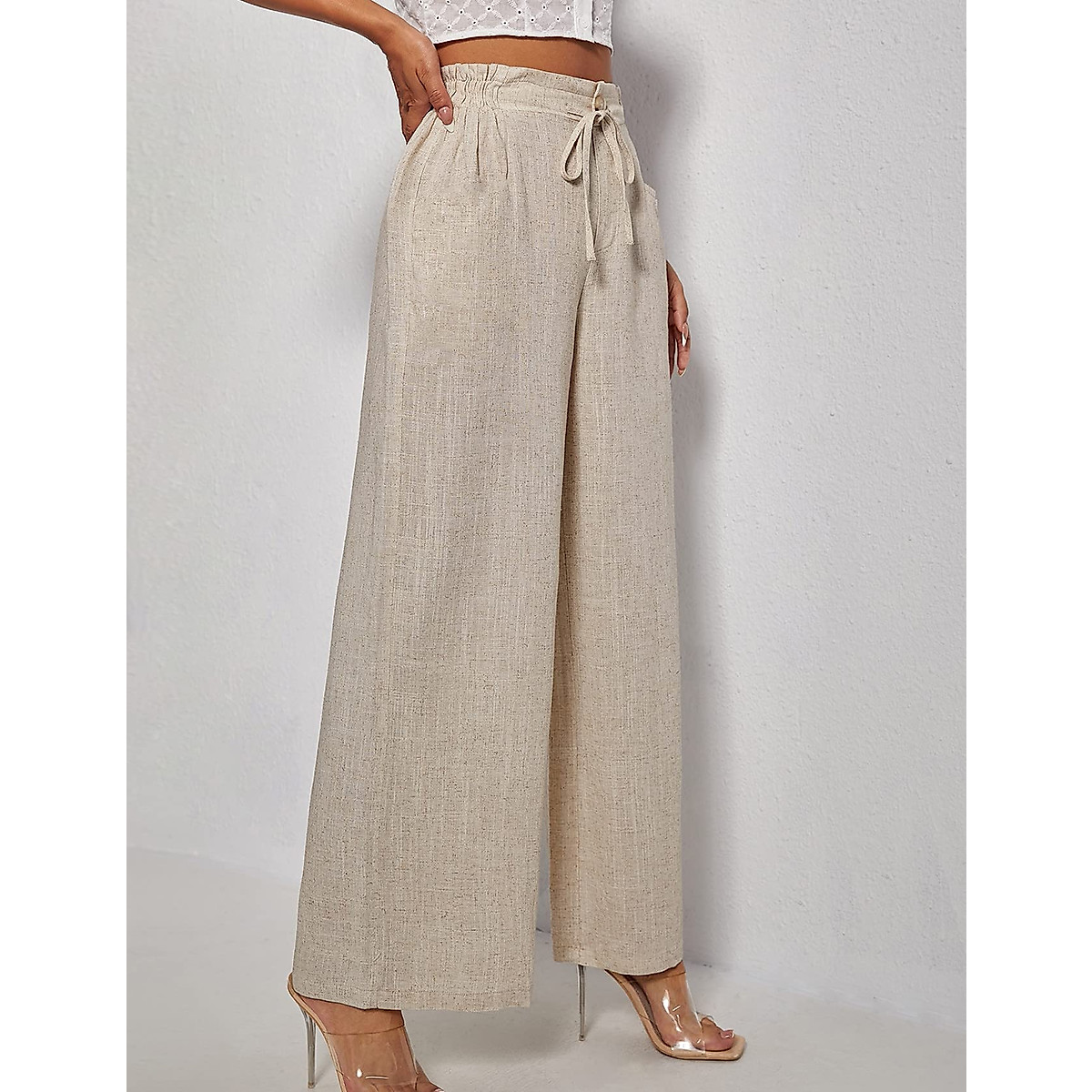 Ugerlov Women's Paperbag Waist Drawstring Linen Pants Wide Leg High Waisted Lounge Casual Trousers with Pockets, Apricot, XL