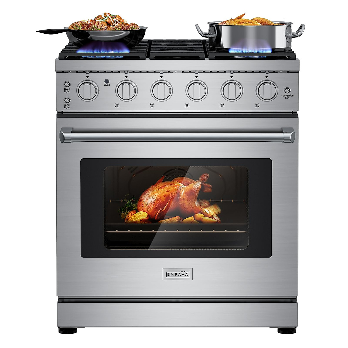 Empava Slide-in & Freestanding Gas Range Stove,4.55 Cu. Ft. Convection Oven Capacity with Mechanical Knobs Control-Heavy Duty Cast Iron Grates 5 Sealed Burners Cooktop, Stainless Steel,30 Inch
