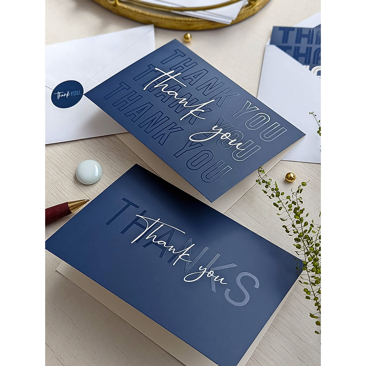 100 Thank You Cards with Envelopes and Stickers - 4 Unique Navy Blue Designs Bulk Blank Notes Luxury UV Printing for Business, Formal and All Occasions 4x6 Inch Blank Inside