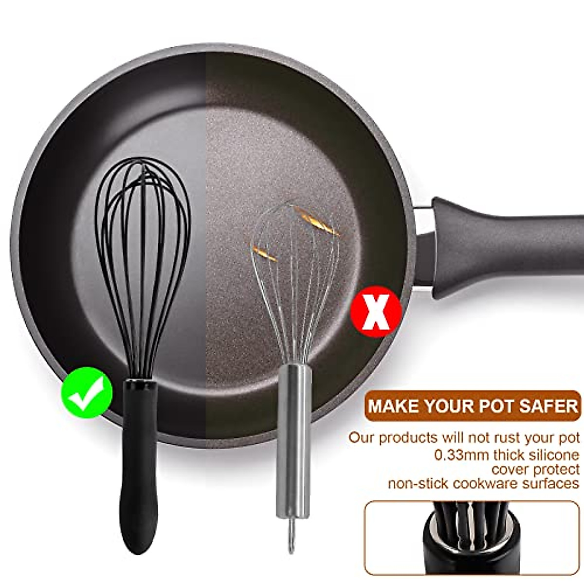 DIGHEIGG Silicone Whisk for Cooking, Wisk Set Egg Beater for Non-Stick Cookware for Whisking, Blending, Beating, Frothing & Stirring Kitchen Decor and Accessories, Black, Set of 2