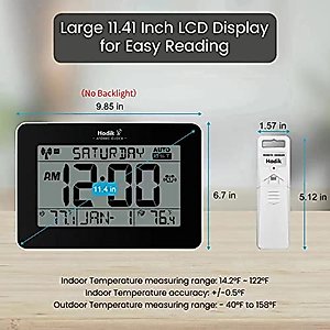 HODIK Atomic Clock with Indoor Outdoor Temperature Wireless, Large 11.4 Inch LCD Display for Easy Reading, Self-Setting Battery Powered Table Clock or Wall Clock with High Precision Sensor