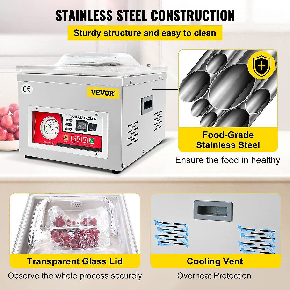 VEVOR Chamber Vacuum Sealer, DZ-260A 6.5 m³/h Pump Rate, Excellent Sealing Effect with Automatic Control, 110V/60Hz Professional Foods Packaging Machine Used for Fresh Meats, Fruit, and Sauces