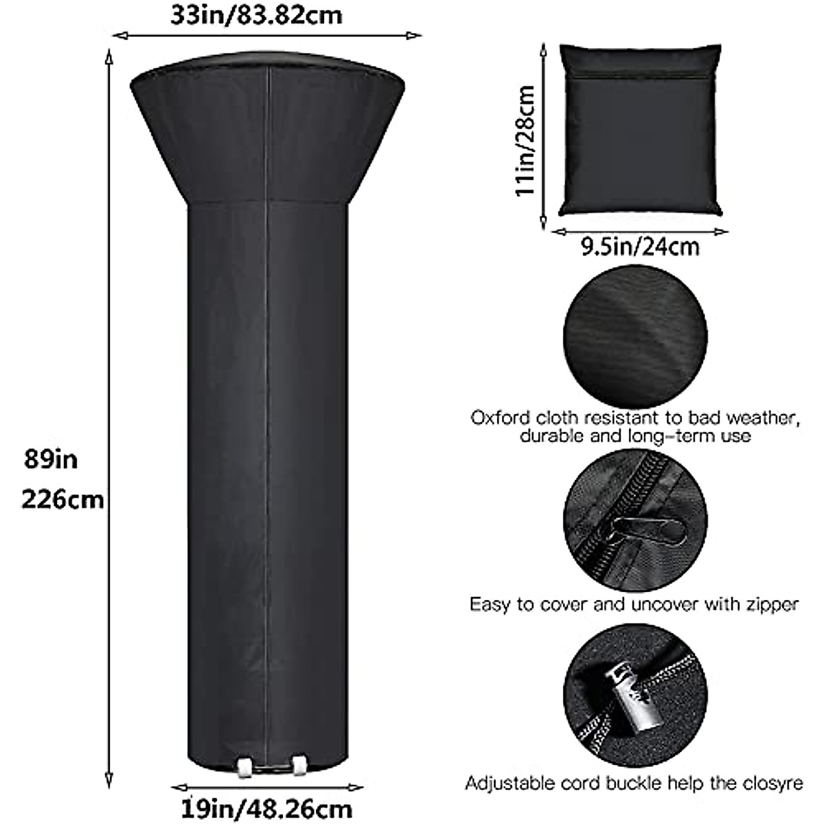 Patio Heater Cover Waterproof with Zipper and Storage Bag, Outdoor Heater Cover Has Dustproof, Wind-Resistant, UV-Resistant, Snow-Resistant Features for Patio Heater, 89”H x 33”D x 19”B