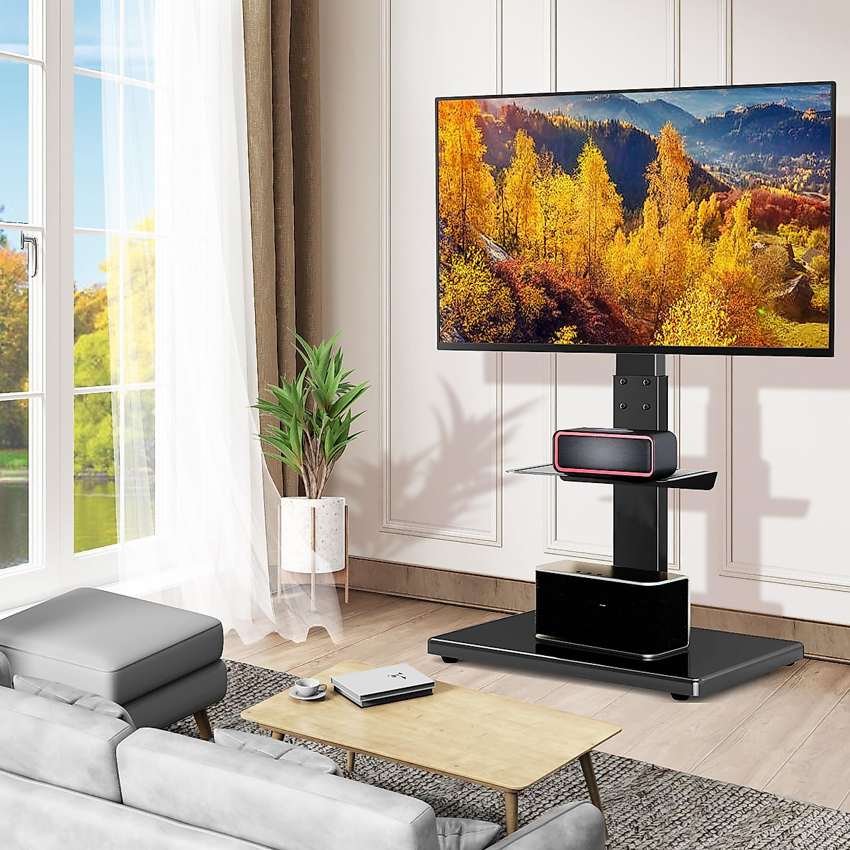 YOMT Floor TV Stand with Mount Wood Base Tall Corner TV Stand for Most 32-75 Inch TVs up to 110 lbs, Swivel TV Mount Stand with Adjustable Shelf for Bedroom and Living Room, Black