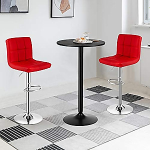 COSTWAY 3-Piece Bar Table Set, Round Cocktail Table and PU Leather Adjustable Swivel Chairs, Modern Counter Height Table Set with 2 Bar Stool for Kitchen, Office (Red)