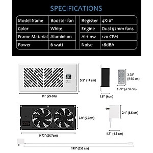 Abida 4" x 10" Register Booster Fan with Thermostat Control, Quiet Smart Register Vent with 10 Gear Wind Speed, Aluminum Frame Heating Cooling AC Vent (White, With Remote)