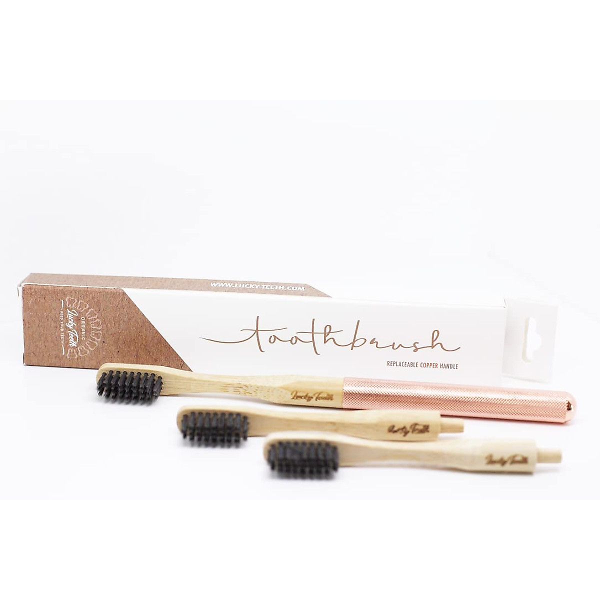 Replaceable Bamboo Toothbrush Aluminum Handle - BPA Free, Soft Bristles | Eco-Friendly, Biodegradable, Compostable, Vegan & Zero Waste | 3 Heads Total | 9-12 Months supply. (COPPER CHARCOAL BRISTLES)