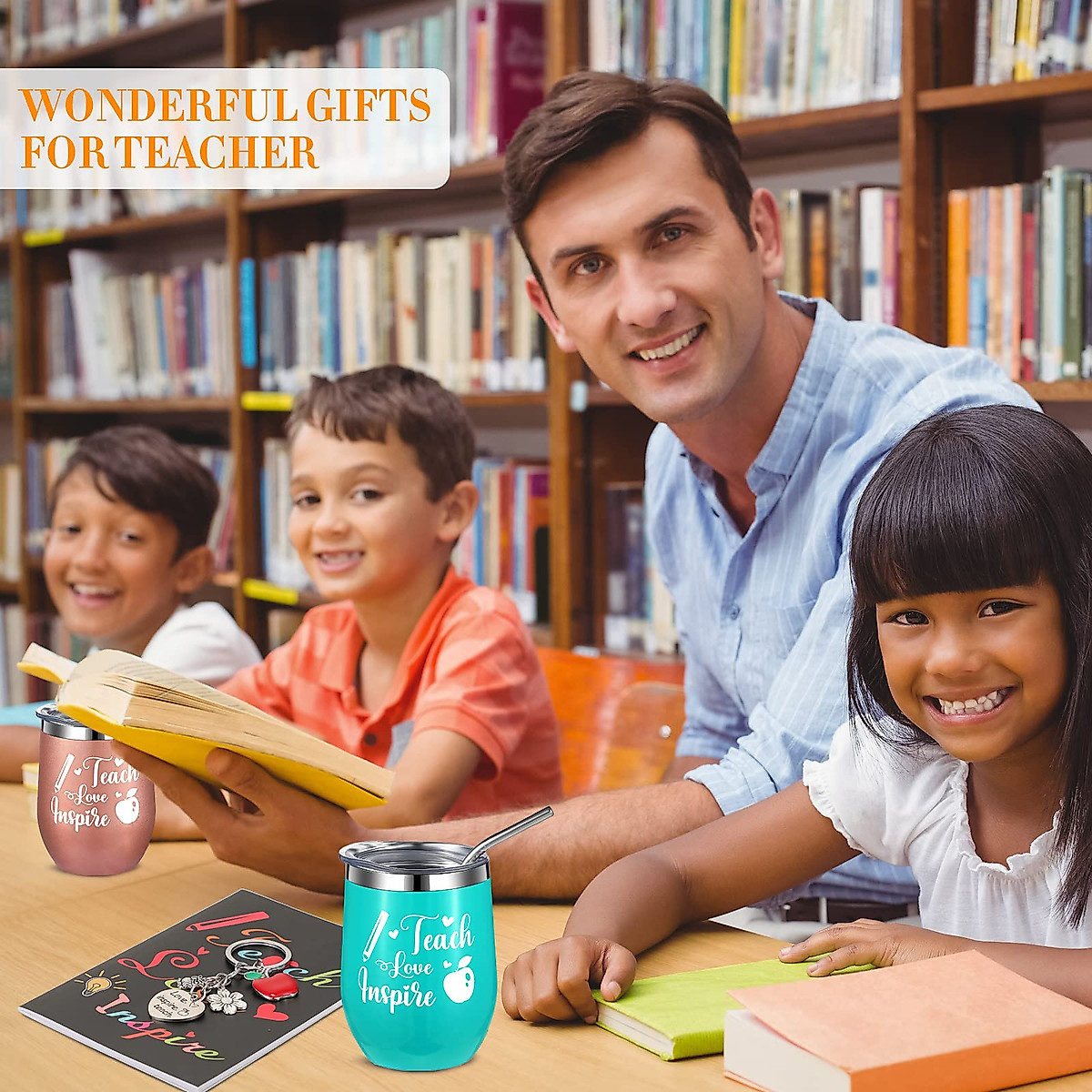 Panitay 12 Pcs Teacher Appreciation Christmas Gifts in Bulk for Women, Teach Love Inspire Tumbler Set 12oz Wine Cup with Mini Journal Notepads Keychains Thank You Gifts Valentine's Day Gifts Set