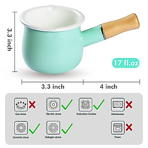 Enamel Milk Pan, Mini Butter Warmer 4 Inch 550ml Milk Pot Half Quart Saucepan Small Enamelware with Wooden Handle for Heating Milk, Melting Butter, Boiling Water