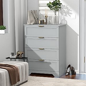 UYIHOME 37inch Tall Dresser Chest with Large Drawer Modern 4 Drawer Dresser Wood Dresser Storage Cabinet Organizer Unit for Bedroom, Closet, Living Room, Cloakroom, Entryway, Light Grey
